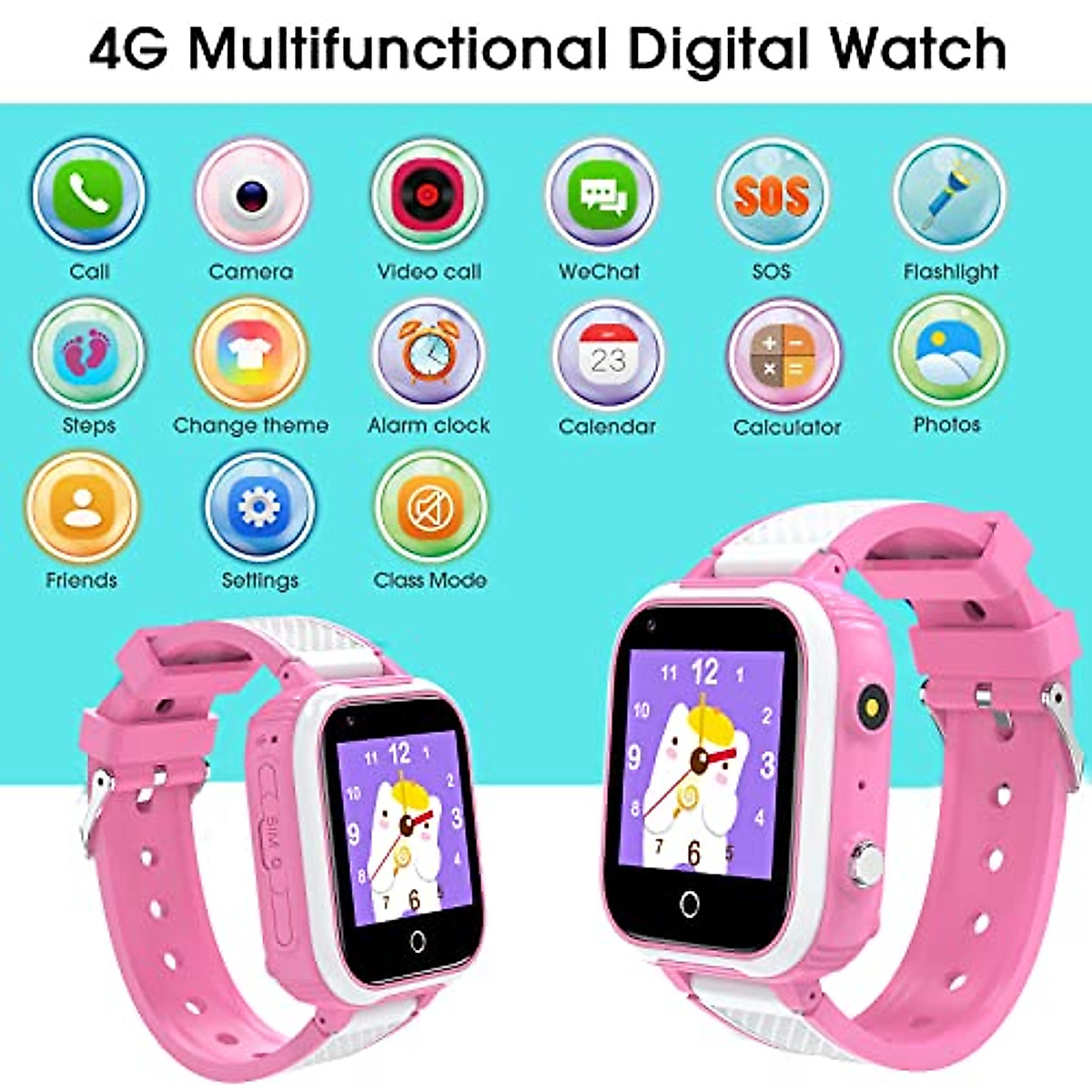 4G Smart Watch for Kids, Smart Watch with GPS Tracker Two Way Calling, Text Voice & Video Chat, SOS, WiFi, Waterproof Touch Screen Wrist Watch Suitable for 4-12 Boys Girls Birthday Gifts. (Pink)