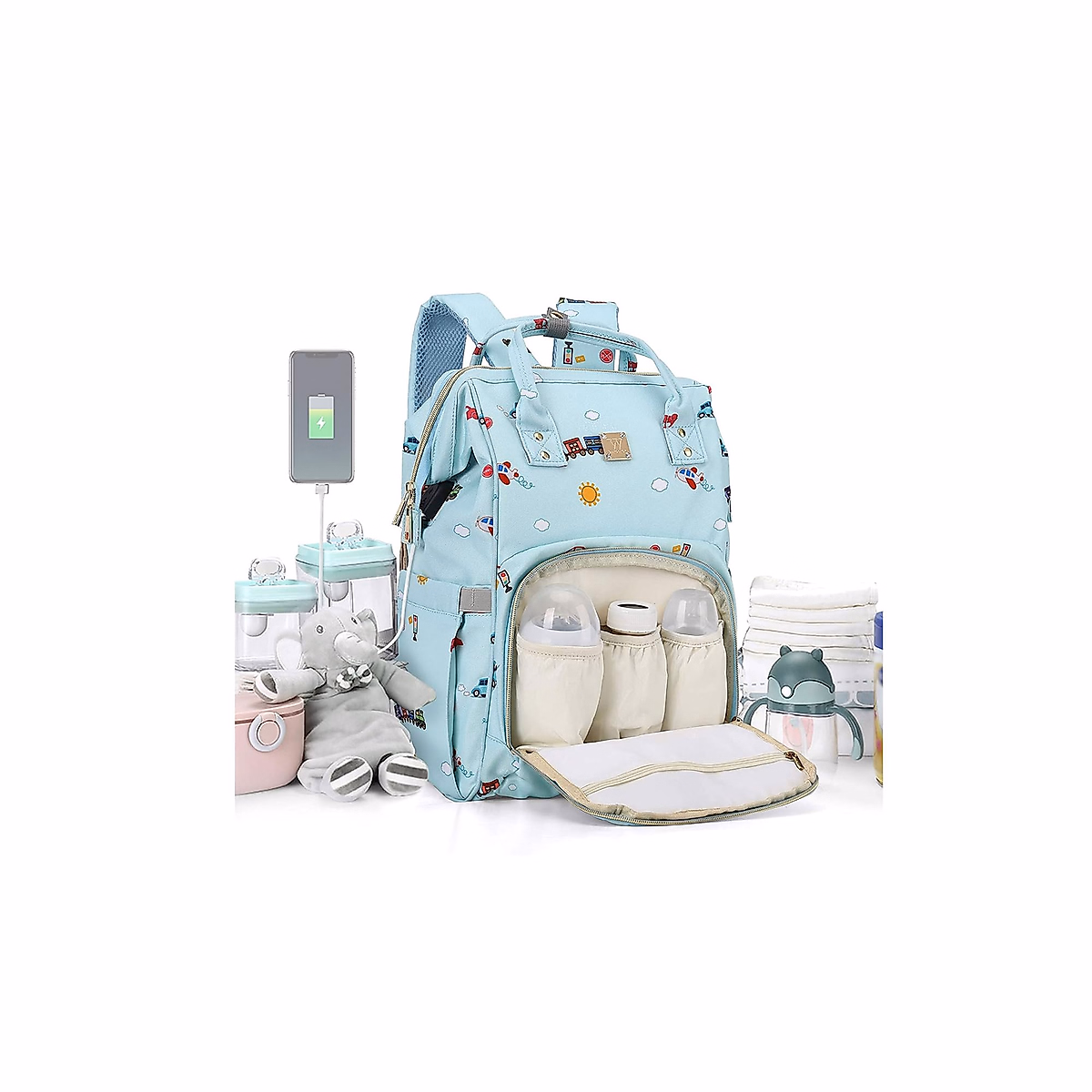 Diaper Bags Backpack Baby Bag for Mom Dad Baby Girls Boy, Cute Mult Diaper Nappy Bag Travel Back Pack,Waterproof Maternity Changing Bag Baby Stuff with USB Charging Port Stroller Straps Large Blue