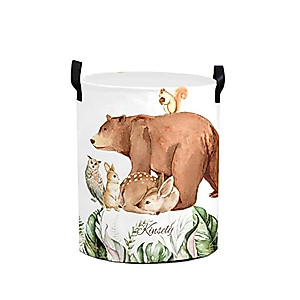 Woodland Animals Personalized Laundry Basket Clothes Hamper Storage Handle Waterproof, Custom Laundry Round Collapsible Capacity for Bedroom Bathroom Toy Decoration