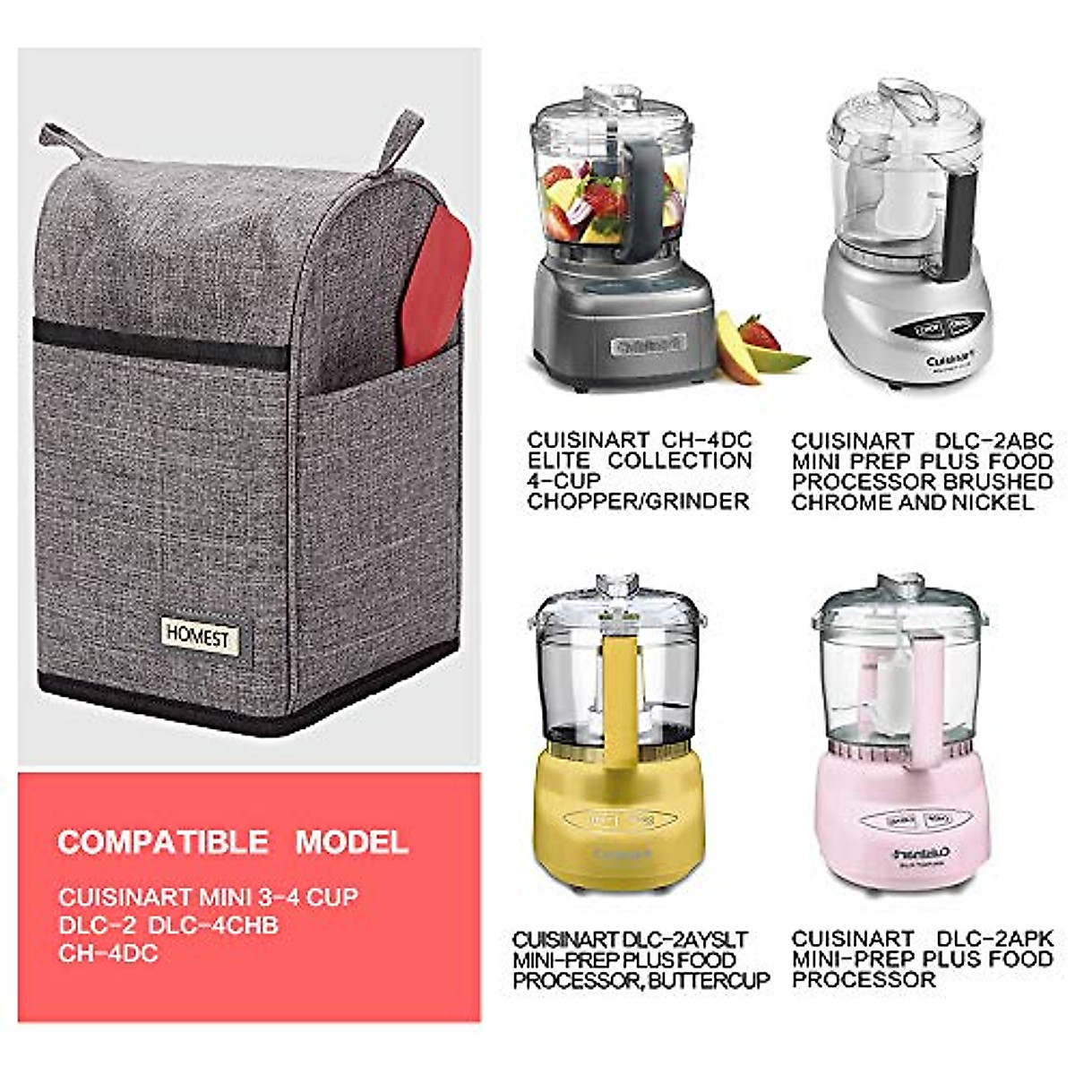 HOMEST Food Processor Dust Cover with Accessory Pockets Compatible with Cuisinart Mini 3-4 Cup, Grey (Dust Cover Only, NOT INCLUDE MACHINE)