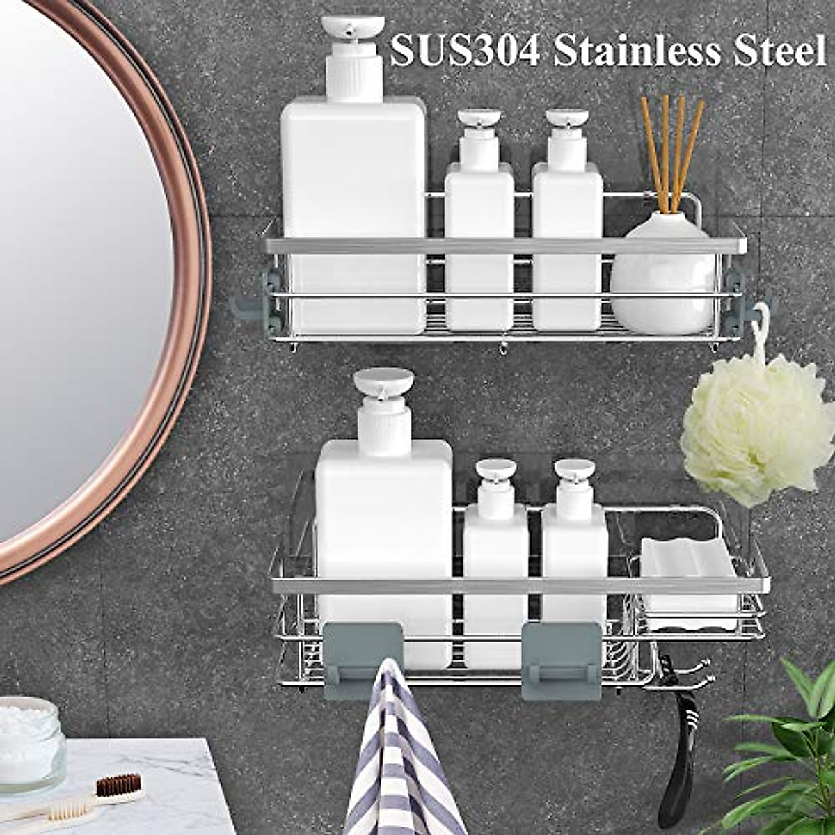 Nieifi Shower Caddy with Built In Soap Holder Dish with Hooks, Shower Shelf Organizer Basket Rack Storage Rustproof Adhesive Washroom Bathroom Shelves, Drill Free 2 Pack