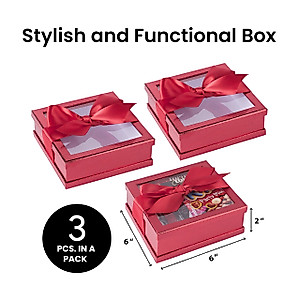 Hammont Clear Window Gift Boxes - 3 Pack - Multipurpose Bakery Boxes with Ribbon | Treat Boxes Perfect for Party Favors, Cookies and Cupcakes (Red, 6” x 6” x 2”)
