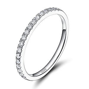 EAMTI 2mm 925 Sterling Silver Wedding Band Cubic Zirconia Half Eternity Stackable Engagement Ring Size 9