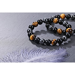 Jovivi 2 Pcs Hematite Black Obsidian Tiger Eye Stone Bracelets for Men Women 10mm Natural Round Gemstone Beads Beaded Healing Crystal Bracelet for Protection, Good Luck