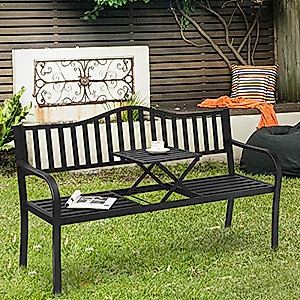 HAPPYGRILL Outdoor Garden Bench Metal Patio Loveseat Benches with Pullout Table for Yard Lawn Porch