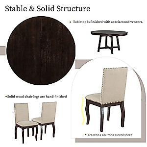 Cutimrke Farmhouse Wood Round Upholstered, Chair with Wingback and Button Tufting, Seats up to 4, for Restaurant, Kitchen (Espresso), 5 Piece Dining Table Set + Extendable Table