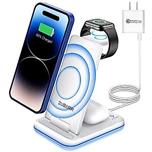 ZUBARR Foldable Wireless Charger for Multiple Devices 3 in 1 Wireless Charging Station for Travel, Compatible with iPhone14 13 12 11/Pro/XR, iWatch Charger for7/6/5/4/3/2, Airpods Wireless/Pro