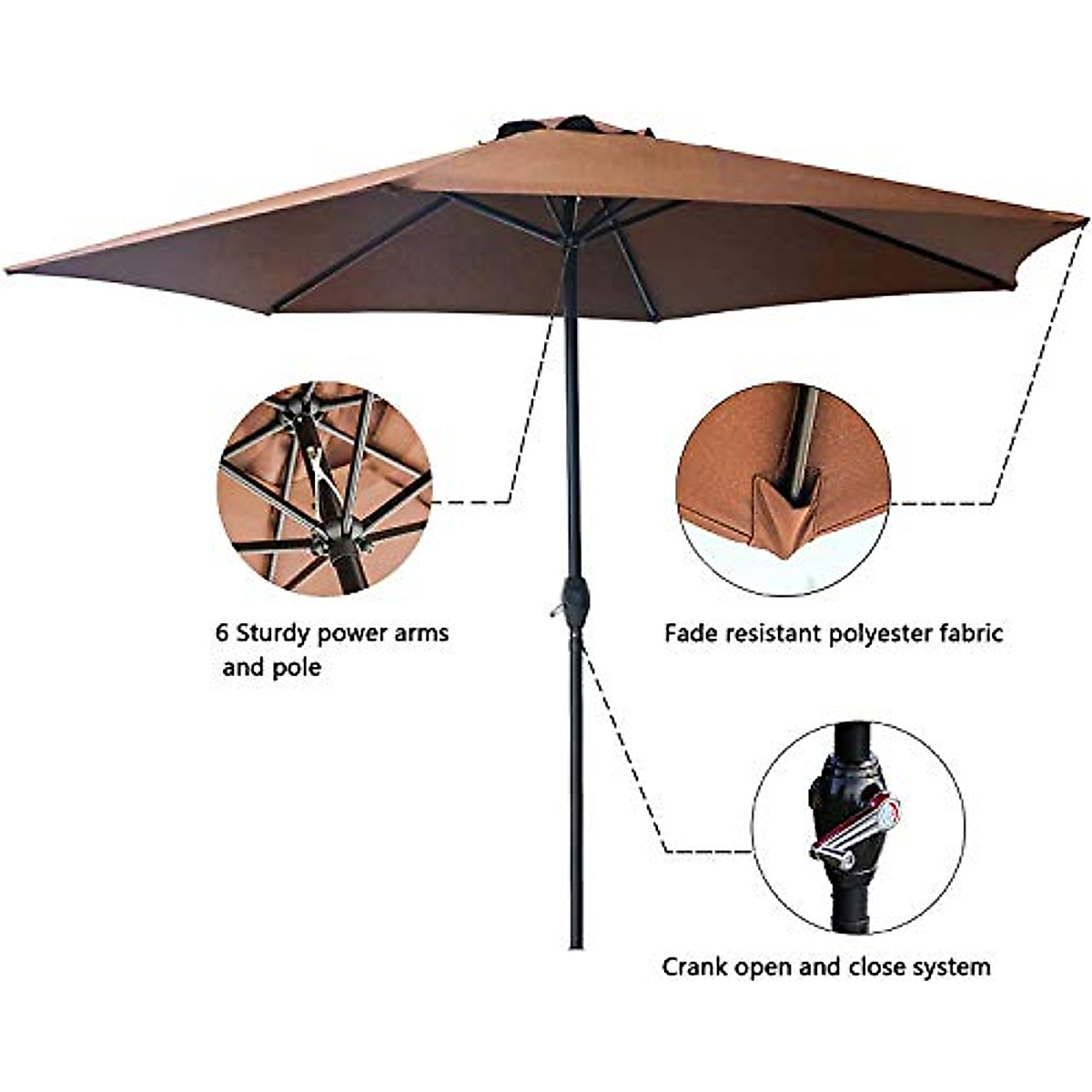 LOKATSE HOME Table Outdoor Market Patio Umbrella with Crank 9 Feet 6Ribs, Brown-Small