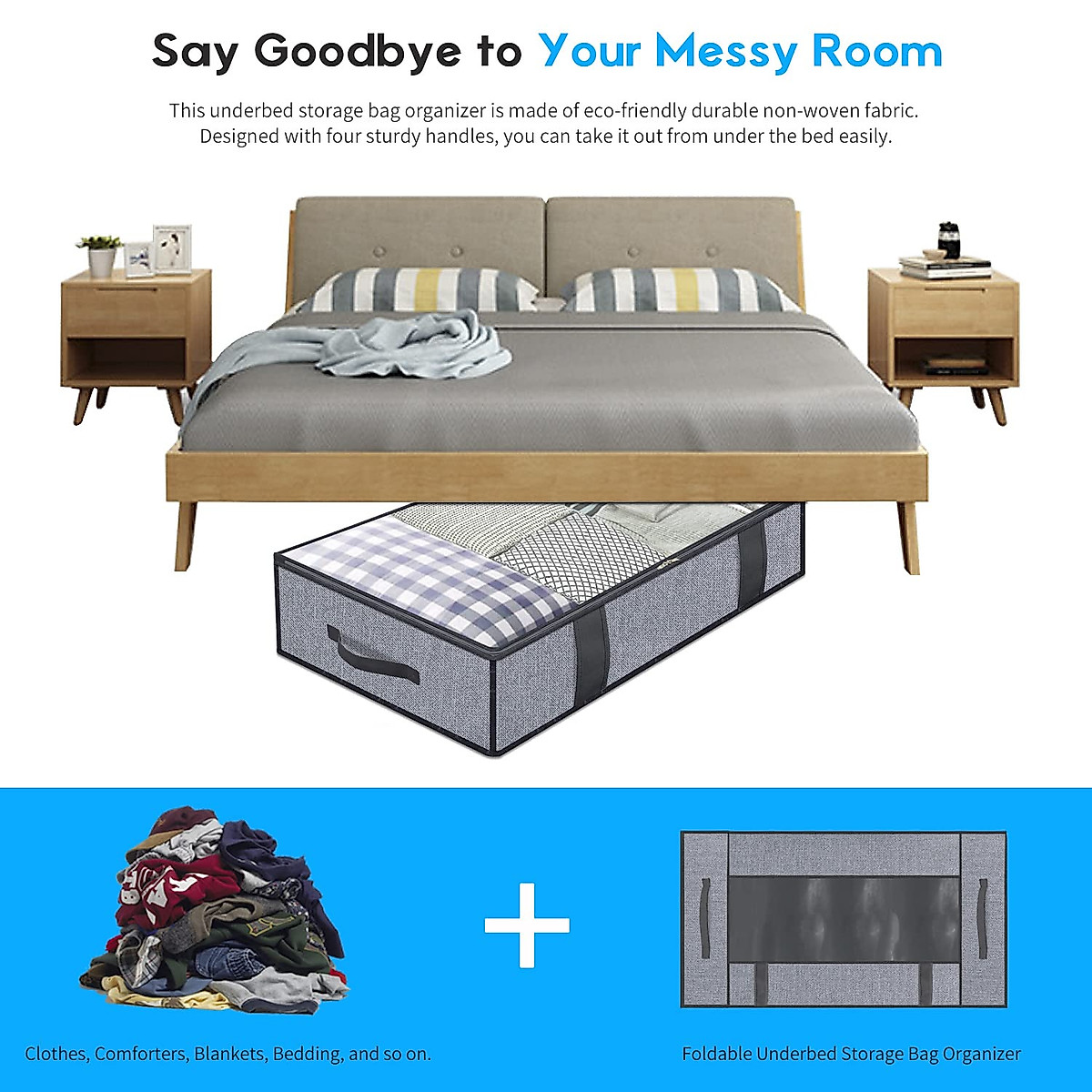Onlyeasy Foldable Underbed Bags - 2 Pack Blankets Clothes Comforters Storage Bag Breathable Zippered Organizer for Bedroom with Clear Window and 4 Handles, 39.4x19.7x5.9 in, Linen-like Grey, MXDUBBP2