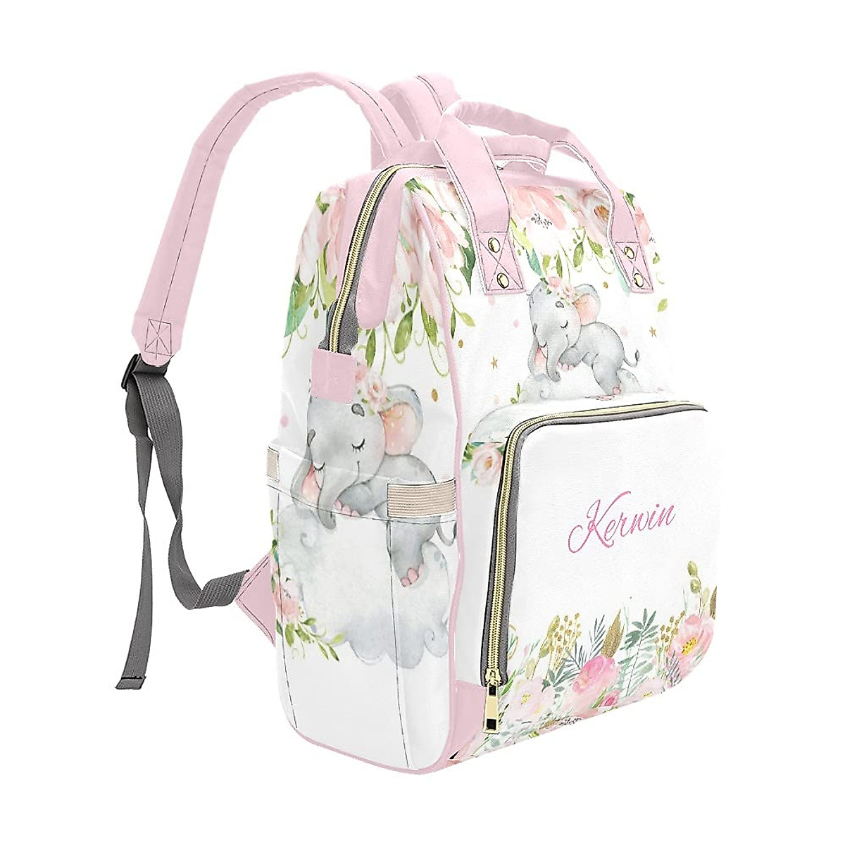 SunFancy Personalized Pink Elephant Flower Diaper Backpack with Name Text Large Capacity Custom Multi-Function Bag Unisex Travel for Mom Dad Boy Girl, 10.83 inch L * 6.69 inch W * 15 inch H