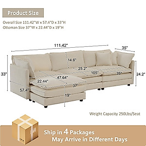 Tmsan 111.42" Modular Sectional Sofa, Convertible Modern L Shaped Sofa Chenille Cloud Couches Set with Ottoman for Living Room Bedroom Apartment Office, 3 Seater