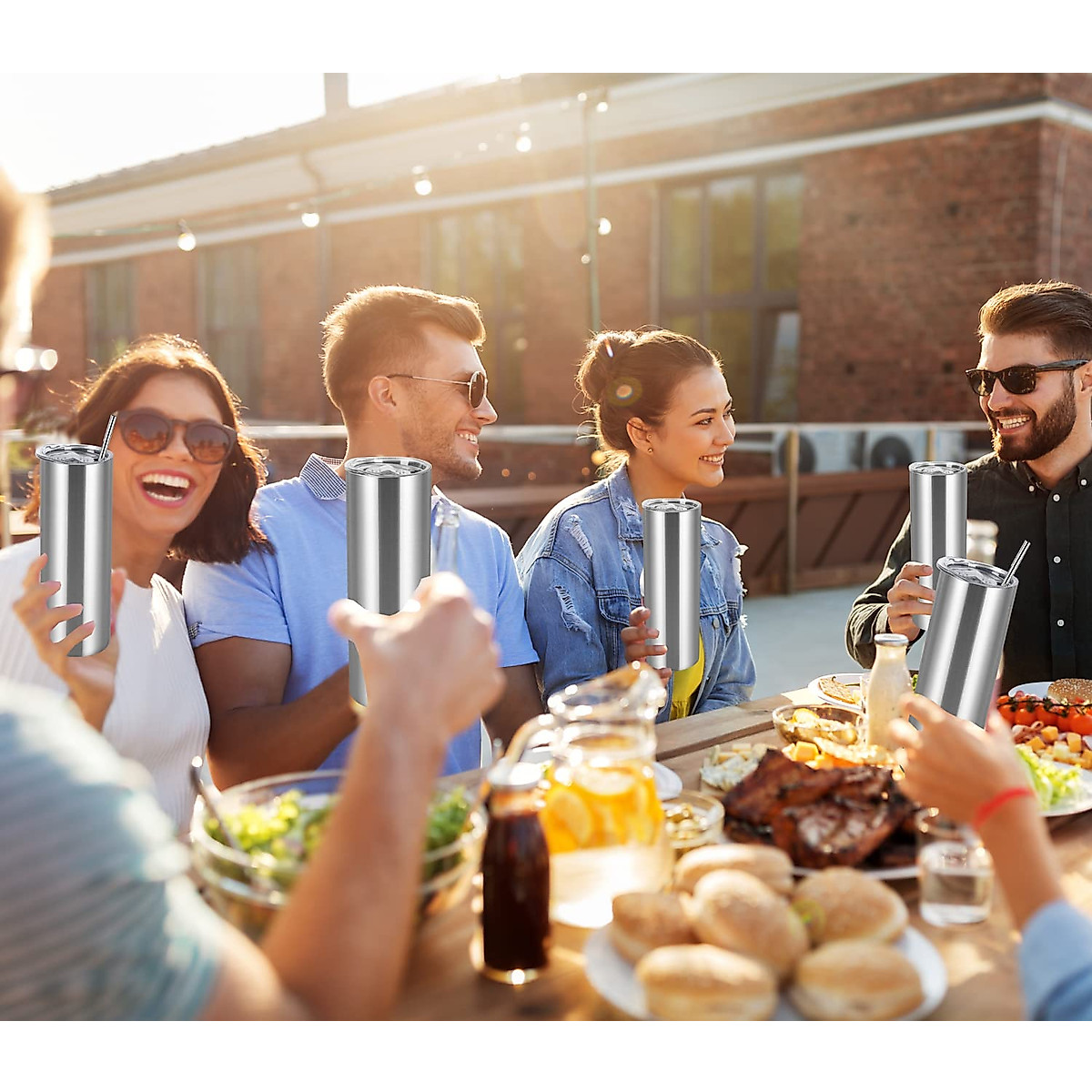 Wzaytia 30 Oz Straight Skinny Tumbler Set, 4 Pack Stainless Steel Slim Tumbler 30 Oz Skinny with Lid and Straw, Insulated Skinny Slim Water Tumbler for Diy, Silver