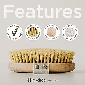 Hydrea London Dry Brushing Body Brush with Cactus Bristle - Dry Brush for Skin, Cellulite Remover, Vegan Best Dry Brush for Flawless Skin, Helps Improve Lymphatic Drainage - FSC® Certified Beechwood.