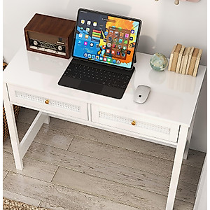 Vikiullf White Desk with Drawers - 39 in Small Modern Study Writing Table Makeup Vanity Desk for Small Spaces Home Office Desk with 2 Rattan Drawers