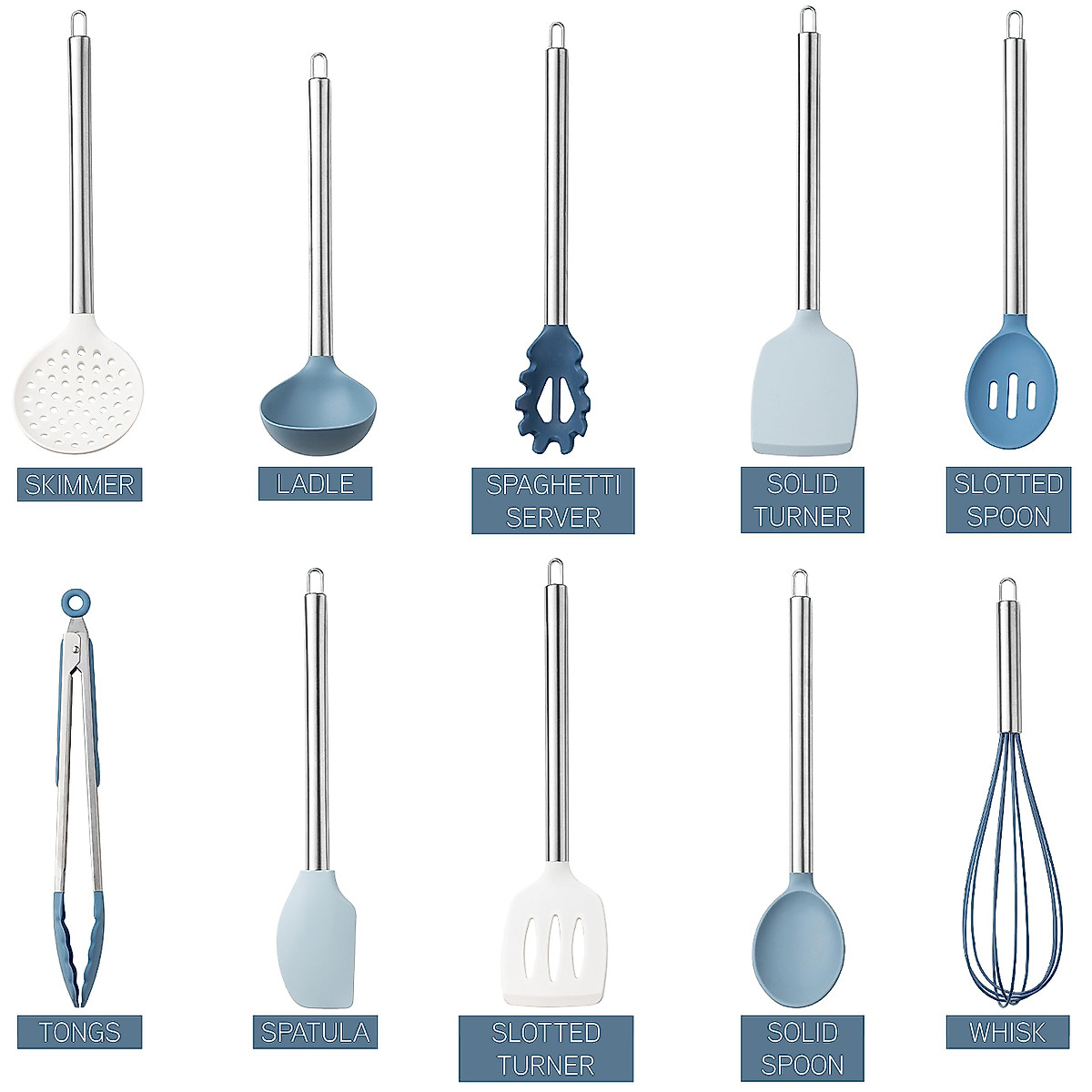 COOK WITH COLOR Silicone Cooking Utensils, Kitchen Utensil Set, Easy to Clean Silicone Kitchen Utensils, Cooking Utensils for Nonstick Cookware, Kitchen Gadgets Set, 10 Pieces, Blue and White