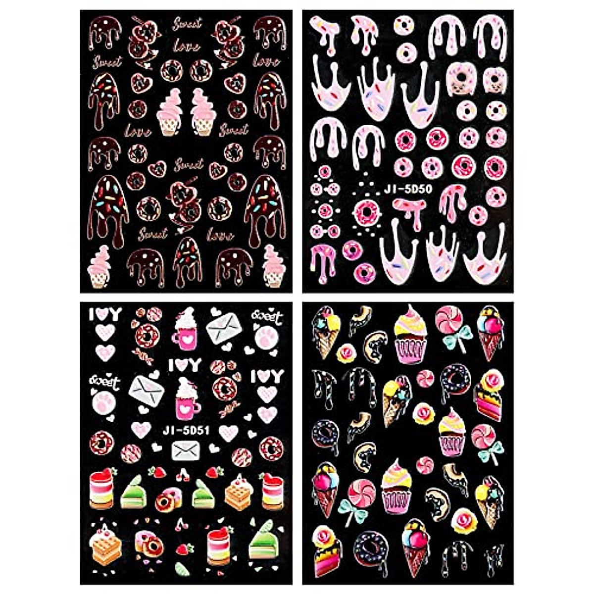 JMEOWIO 3D Embossed Cute Nail Stickers For Kids Nail Art Stickers Decals Self-Adhesive Pegatinas Uñas 5D Cake Nail Supplies Nail Art Design Decoration Accessories 4 Sheets