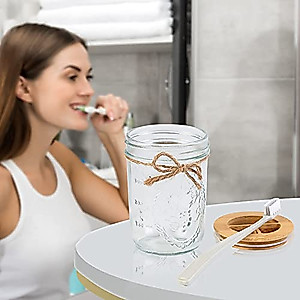 Bathroom Accessories Set 4 Pcs,Soap Dispenser,Toothbrush Holder, 2 Qtip Apothecary Jars with Bamboo Lid for Rustic Farmhouse Bathroom Decor, Makeup Organizer, Boho Countertop Storage (Glasss/Bomboo