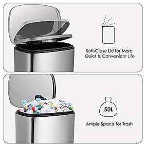 13.2 Gallon(50L) Trash Can, Fingerprint Proof Stainless Steel Kitchen Garbage Can with Removable Inner Bucket and Hinged Lids, Pedal Rubbish Bin for Home Office