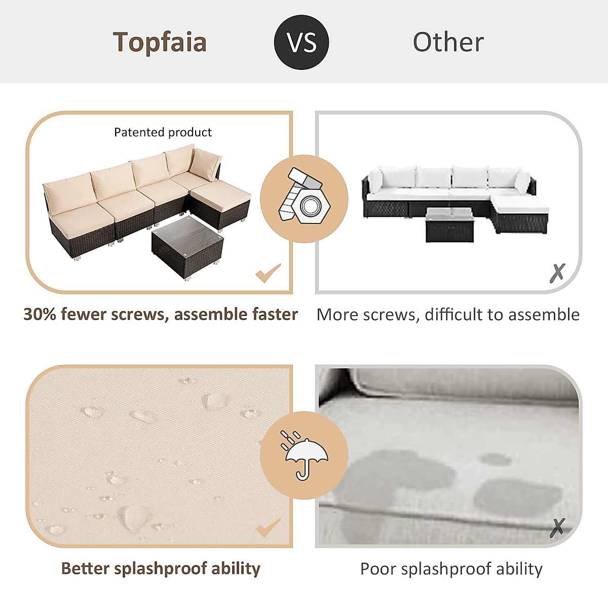 Patio Furniture 6 Pieces Set, Outdoor Furniture PE Rattan Wicker Outdoor Couch, Patio Conversation Sets One Box Package with Glass Table and Cushion, Brown