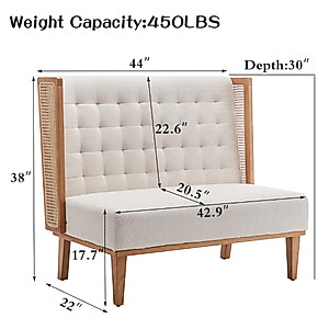 Andeworld Loveseat Settee Bench with Rattan Arms, Upholstered Modern Mini High-Back Sofa Couch,Banquette Dining Bench for Living Dining Room Bedroom Office Small Space Entryway，Beige