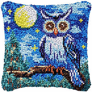 Latch Hook Kits Pillow Animal Owl and Blue Moon Cover Printed Canvas DIY Cushion Crochet Yarn Needlework Hook Latch Kit Embroidery Pillowcase Rug Home Sofa Christmas Decoration 43x43cm