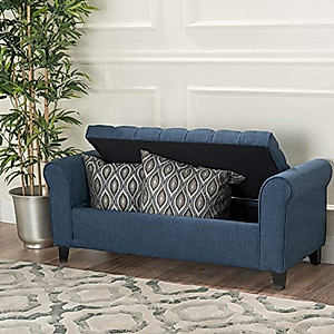 Christopher Knight Home Keiko Fabric Armed Storage Bench, Dark Blue, Dimensions: 19.75”D x 50.00”W x 20.5”H