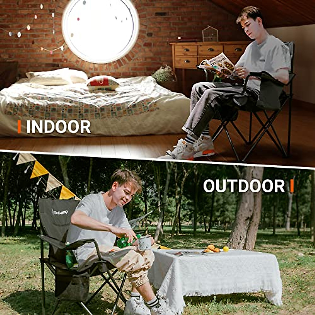 KingCamp Padded Folding Lounge Chairs with Built In Cupholder, Insulated Cooler Sleeve, and Side Storage Pocket for Indoor and Outdoors, 2 Pack, Black