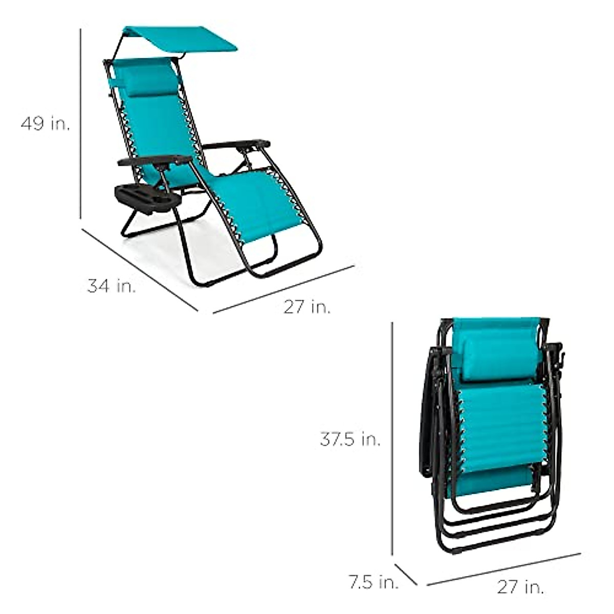 Best Choice Products Folding Zero Gravity Outdoor Recliner Patio Lounge Chair w/Adjustable Canopy Shade, Headrest, Side Accessory Tray, Textilene Mesh - Peacock Blue