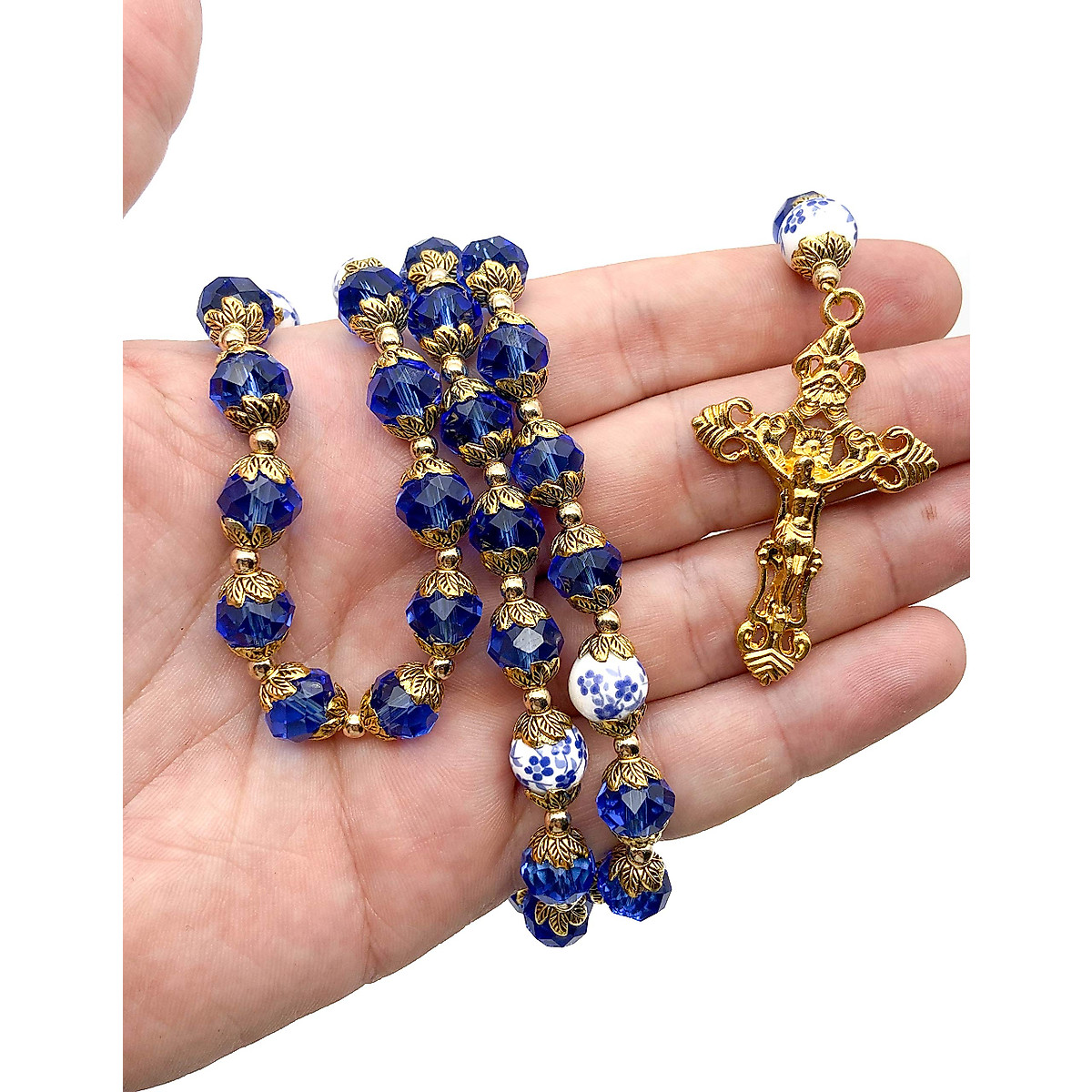 Nazareth Store Catholic Blue Crystal Beads Gold Rosary Flowers Beaded Necklace Miraculous Heart Locket Medal & Cross Religious Women Men Amulet