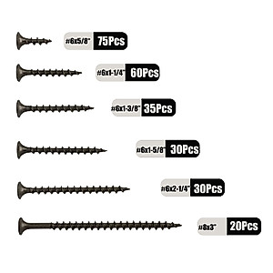 T.K.Excellent #6#8 Black Philips Bugle Head Wood Screws,Coarse Thread Sharp Point Drywall Screws Assortment Kit,250 PCS