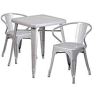 EMMA + OLIVER Commercial 23.75" Square Silver Metal Indoor-Outdoor Table Set-2 Arm Chairs