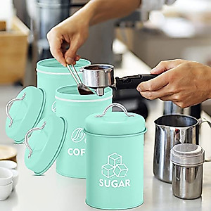 E-far Canister Sets for Kitchen Counter, 3-Piece Metal Tea Coffee Sugar Canister with Airtight Lid for Food Storage, Farmhouse Style & Small Size (6.1” x 4”)-Turquoise