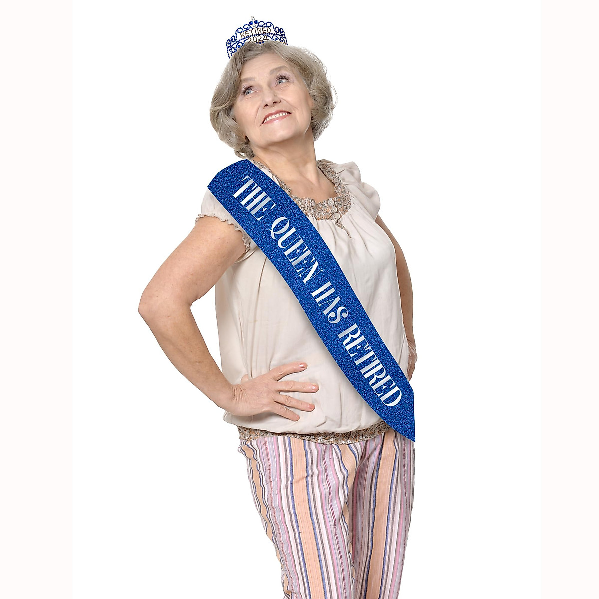 Retirement Tiara & Sash Set – The Queen Has Retired Sash and Crown with Rhinestones for Women & Large Gold Safety Metal Pin. Great for Retirement Party & Events (Blue)