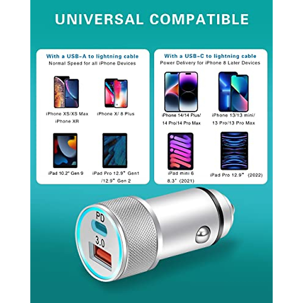 LUOSIKE 20W USB C Fast Car Charger for iPhone 14/13 /12 / Pro Max/Mini /11 /XS/XR/X /8, iPad, AirPods (Dual Port Power Delivery PD Car Adapter with MFi Certified USB C to Lightning Cable 3FT)