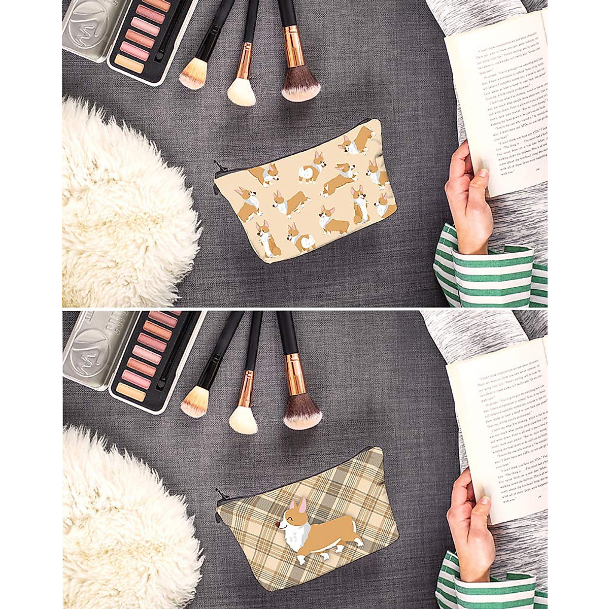 FITINI Makeup Bag Funny,Corgi Dogs Travel Small Cosmetic Bags Organizer for Women Handbag Toiletry Storage Pouch Waterproof Purse,Set of 3