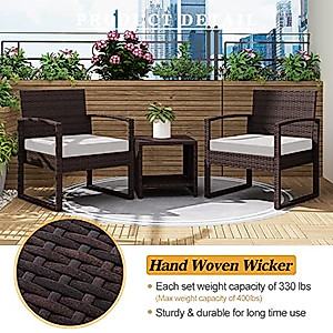LayinSun 3 Pieces Patio Set Outdoor Wicker Conversation Bistro Set,PE Rattan Chairs with Coffee Table for Porch Lawn Garden Backyard (Brown-Light Grey)