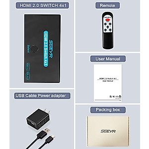 SGEYR HDMI 2.0 Switch 4 Port, HDMI Switch Splitter 4 in 1 Out, Metal HDMI Switcher 4K with IR Remote, Support HDCP 2.2 Support 4K@60Hz Ultra HD 3D 2160P 1080P, Compatible for PS3/PS4,Xbox