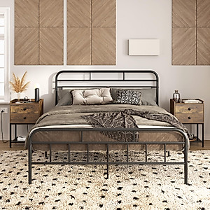 HOSEOKA Nightstand with Charge Station and USB Ports, Modern Bedside Table with 2 Drawers & Storage Shelves, Wooden Accent Night Stand with Metal Frame, Vintage End Table for Bedroom, Brown