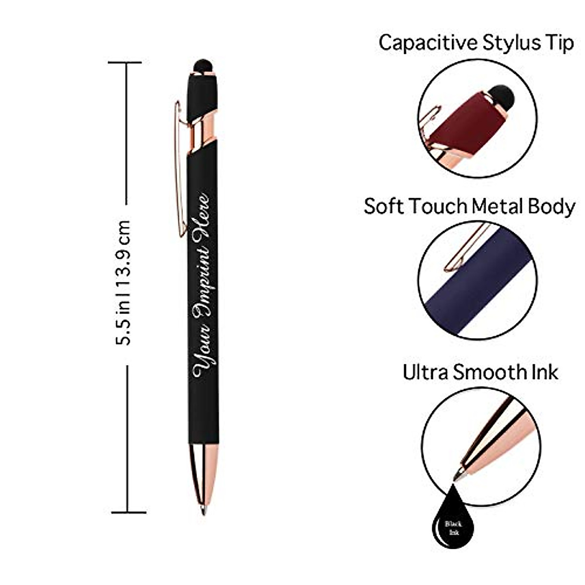 Express Pencils™ - Personalized Pens Gift Set - 2 Pack of Rose Gold Soft Touch Metal Pens w/gift box - Luxury Ballpoint Pen Custom Engraved w/Name or Message | Perfect for Him or Her (Black - Black)