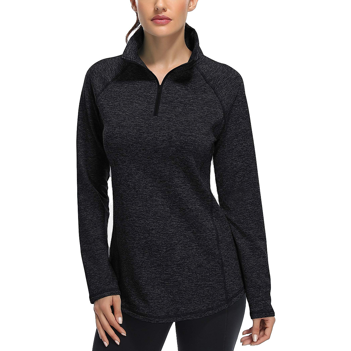 Miusey Long Sleeve Workout Tops for Women to Wear with Leggings,Ladies Hiking T-Shirt with Zipper Classy Plain Quick Drying Polo Pullover Stretch Athletic Pilates Cycling Tee Black2 M