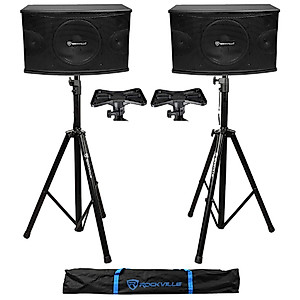 Pair Rockville KPS10 10" 3-Way 1200 Watt MDF Karaoke/Pro Speakers+Tripod Stands