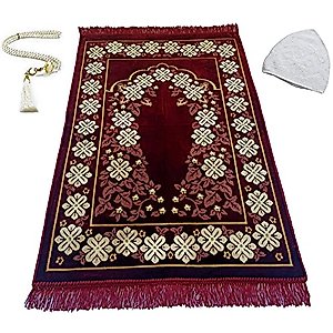 EDUS Turkish Muslim Prayer Rug, Gifts 99 Prayer Beads and Kufi Hats for Men, Islamic Prayer Mat for Men Women and Kids, Portable Velvet Carpet, Great Ramadan Gifts (F. Claret Red)
