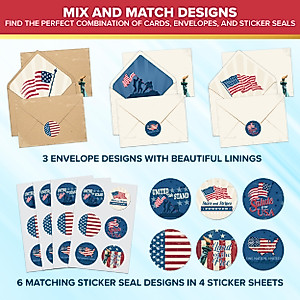 Decorably 24 Pack Patriotic Cards with Envelopes & Stickers - 6 Designs with Printed Message Inside Patriotic Thank You Cards, 6x4in Thank You for Your Service Cards, Patriotic Note Cards