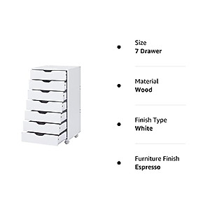Naomi Home 7 Drawer Dresser, Tall Dressers for Bedroom, Kids Dresser with Wheels, Durable Storage Drawers, Small Dresser for Closet, Makeup Dresser with 180 lbs Capacity - White