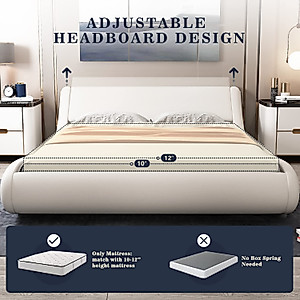 Allewie King Size Bed Frame with Curved Adjustable Headboard, Faux Leather Upholstered Platform Bed, Strong Wooden Slats Support, 10-12'' Mattress Recommended, White