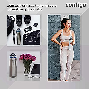 Contigo Ashland Chill Autospout Water Bottle with Flip Straw, Stainless Steel Thermal Drinking Bottle,Leakproof,Grey, BLue, 590 ml
