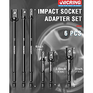 Impact Socket Adapter Set Impact Driver Socket Extension Set 1/4 3/8 1/2 Drive Socket Adapter for Drill Hex Shank Socket Driver set Turn Impact Drill Into High Torque Impact Wrench (6Pcs, 3" & 6")