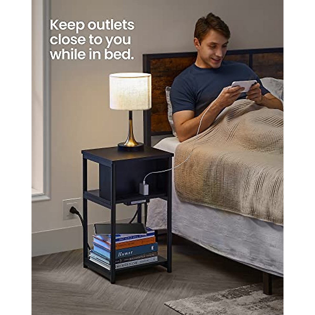 VASAGLE Side Table with Charging Station, 3-Tier End Table with USB Ports and Outlets, Nightstand for Living Room, Bedroom, 11.8 x 13.4 x 22.8 Inches, Plug-in Series, Black