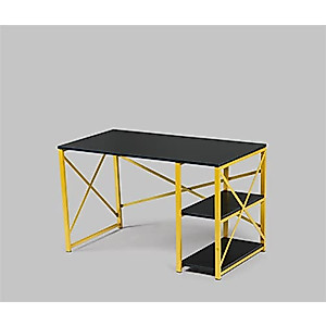 LLS Computer Desk, Work Table Writing Desk Gaming Table Workstation with 47" Wooden Top & 2 Shelves, Writing Sturdy Table Computer Desk with Gold Metal Frame for Home Office Furnish Store, Black