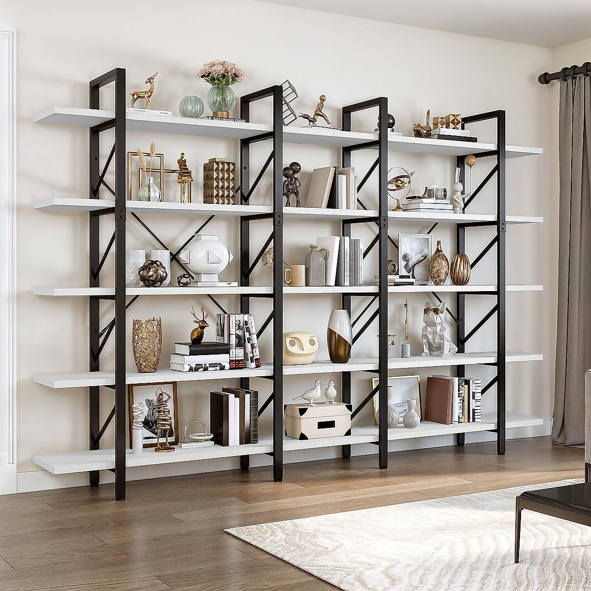 YITAHOME Book Shelf，5 Tier Bookcase, 12" D x 47" W x 71" H Large Industrial Book Shelf Storage Organizer for Living Room, Bedroom,Home Office, Free Standing Storage Shelving Unit, White